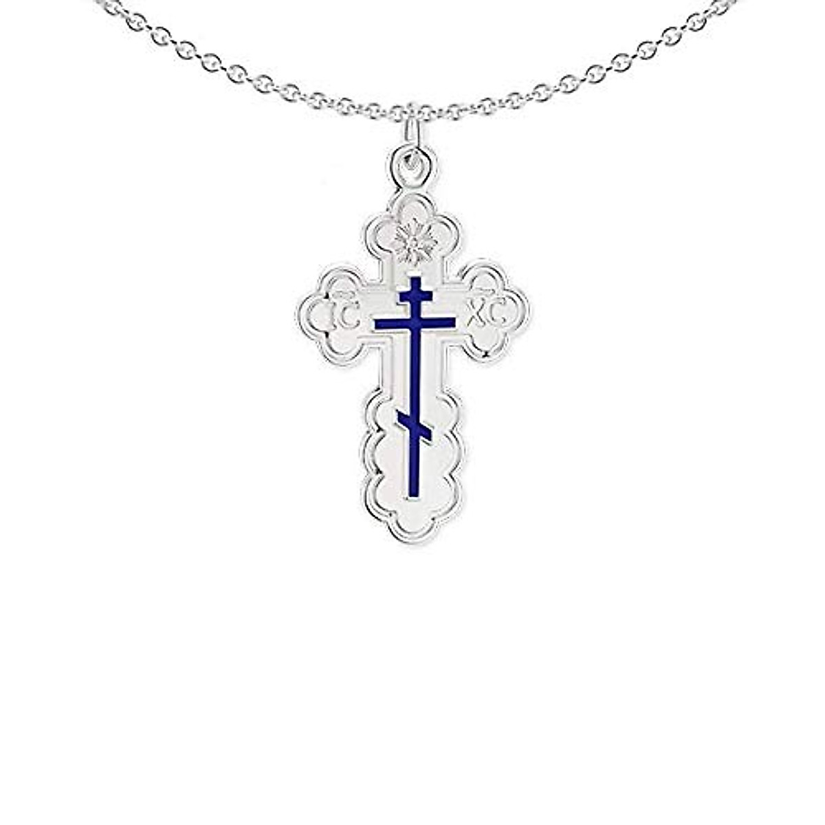 ITI Precious NYC Solid 925 Sterling Silver Russian Orthodox Cross with Blue Enamel (40 x 21 mm) with Sterling Silver Chain (24 in)
