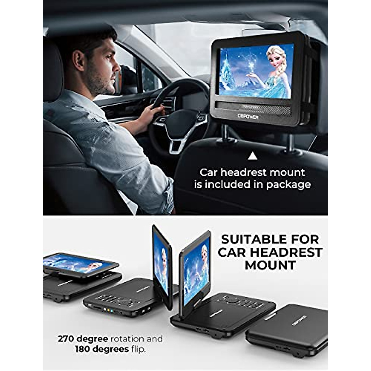 DBPOWER 12" Portable DVD Player with 5-Hour Rechargeable Battery, 10" Swivel Display Screen and SD/ USB Port, with 1.8m Car Charger, Power Adaptor and Car Headrest Mount, Region Free (Black)