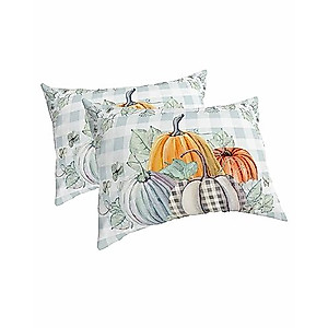 Thanksgiving Pillow Covers Standard Size Set of 2 Bed Pillow, Farmhouse Teal Plaid Fall Pumpkin Maple Leaves Plush Soft Comfort for Hair/ Skin Cooling Pillowcases with Envelop Closure 20''x26''