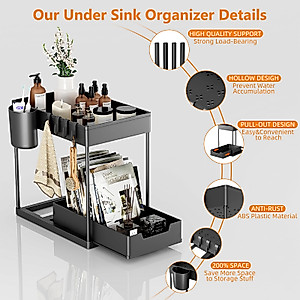EYOBE Under Sink Organizer 2 Pack, 2-Tier Sliding Cabinet Organizer with Hooks and Hanging Cup, Multi-Use Under Sink Organizers and Storage for Kitchen Bathroom Office Laundry Room, Black