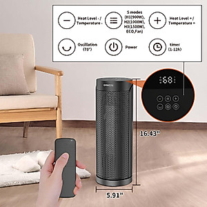 Portable Space Heater for Indoor Use with Remote - QOWETU 70° Oscillating Electric Heater, 17 Inchs, 12H Timer, 1500W Quiet PTC Ceramic Heating with Thermostat, Fast Safety Heat for Home, Bedroom