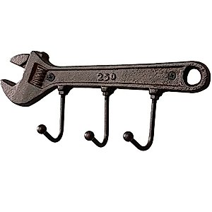 KiaoTime Retro Vintage Key Rack Holder Hooks Cast Iron Wrench Spanner Shape Decorative Wall Mounted Antique Man Cave Garage Tool Holder Coat Hat Hooks Rack Hanger Wall Decor, Fathers Day Men Gifts