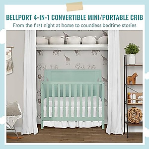 Dream On Me Bellport 4 in 1 Convertible Mini/Portable Crib in Light Seafoam Green, Non-Toxic Finish, Made of Sustainable New Zealand Pinewood, with 3 Mattress Height Settings