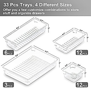 CHEFSTORY 33 PCS Clear Drawer Organizers Set, 4 Sizes Plastic Vanity Desk Drawer Organizers Trays and Storage Bins with Non-slip Silicone Pads for Makeup,Bathroom and Kitchen