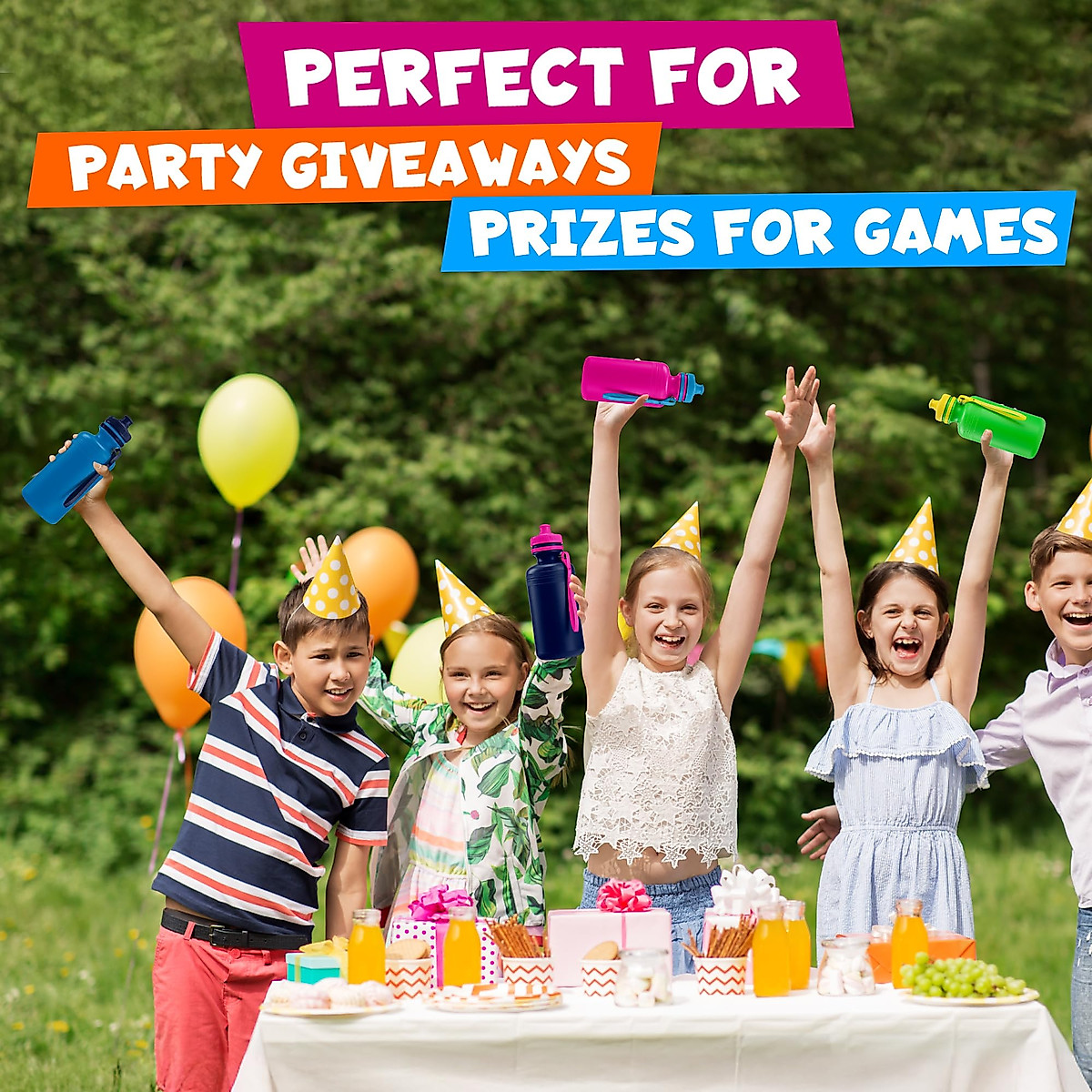 Bedwina Bulk Water Bottles For Kids - (pack Of 12) 18 Oz - 7.5 Inch BPA-Free Plastic with Pop-up Tops & Handles for Sports, Summer, Reusable Water Bottles Bulk For School