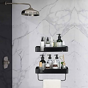 ABOKA Shower Caddy Basket Shelf For Bathroom 2-Pack with Hooks & Towel Bar Adhesive Shower Organizer Storage Wall Mounted, Mate Black