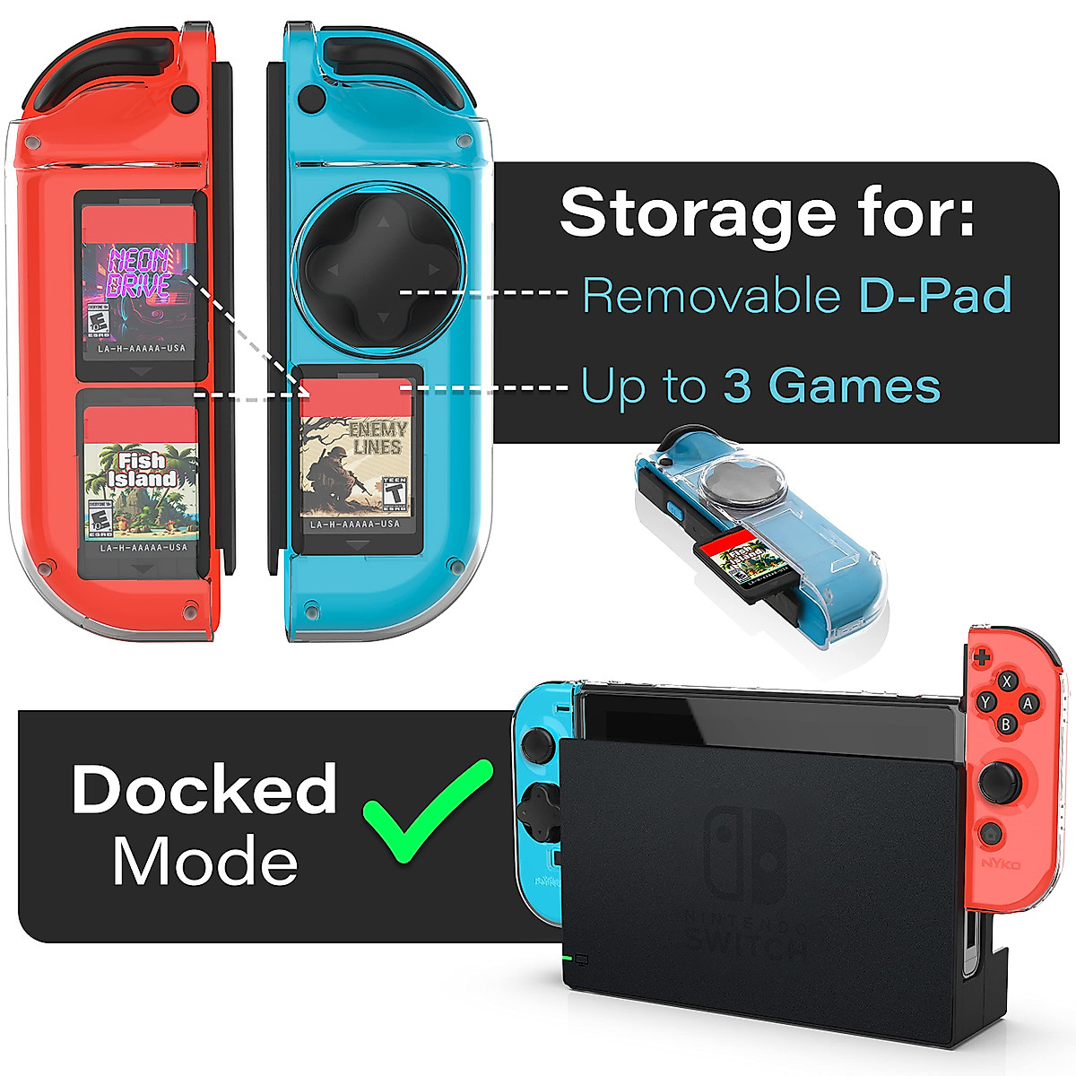 Nyko Dpad Case for Nintendo Switch - Dockable Protective Case with Removable Precise Dpad - Stores up to 3 Games, Drop Protection, Game Storage, and Ergonomic Design.