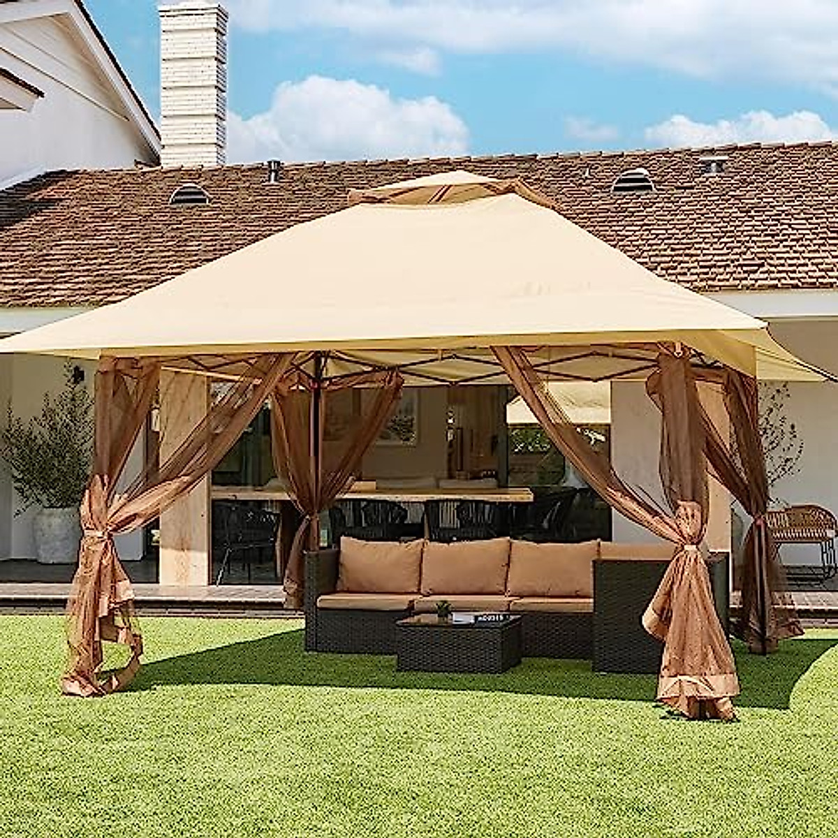 BELLEZE 13x13Ft Gazebo, Pop Up Gazebo Double Roof Outdoor Canopy w/Mosquito Netting, Stable Steel Frame and Carry Bag, Height Adjustable Patio Gazebo for Backyard, Garden, Lawn