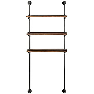 MyGift Wall Mounted Rustic Industrial Pipe Over-The-Toilet Storage Shelf with Burnt Solid Wood 3 Tier Display Shelves, Bathroom Shelf Rack