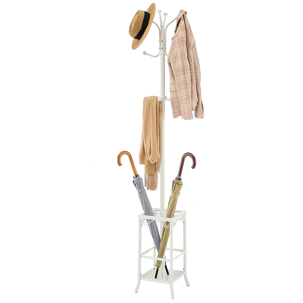 Hoctieon Coat Rack Freestanding, Entryway Coat Hanger Stand, Umbrella Holder, Hall Tree With 12 Hooks, Floor Standing Metal Tree Stand, White