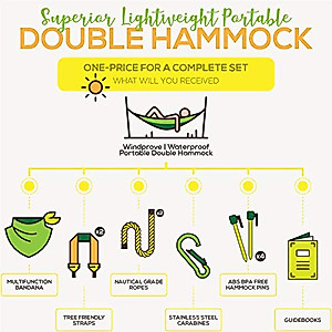 Lazy Monk 2 Person Hammock w/ Tree Straps | Portable Foldable Parachute Double Hamock Outdoor, Travel, Camping | Hamaca para dos | Complete Two People Couple Patio Backyard Outside Hanging Swing Amaca