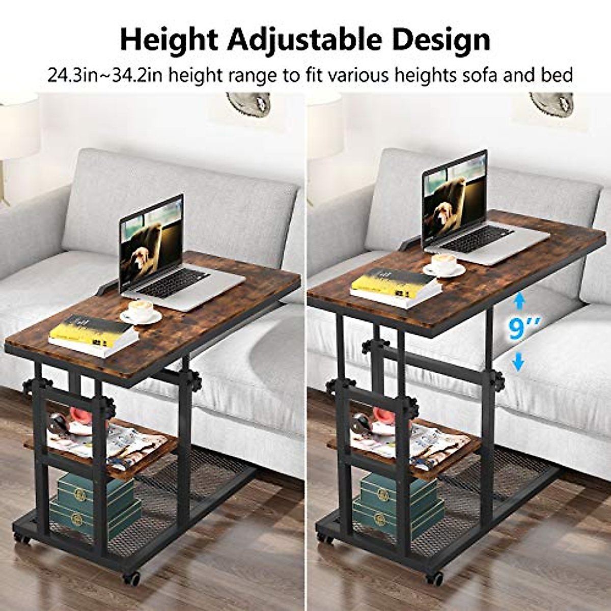 Tribesigns Height Adjustable C Table with Wheels, Mobile Couch Snack Side Table with Tiltable Drawing Board, Sofa Bedside Laptop Stand C Shaped TV Tray with Storage Shelves (Brown)