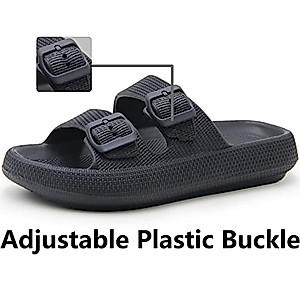 Weweya Slides for Men Women Pillow Slippers Double Buckle Adjustable EVA Flat Sandal Black Women Size 5.5 6 6.5