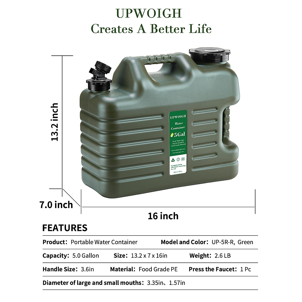 UPWOIGH 5 Gallon Water Jug, Camping Water Container, Truly No Leakage Water Storage, Large Military Green Water Tank,BPA Free Portable Emergency Overlanding Gear for Outdoors Hiking