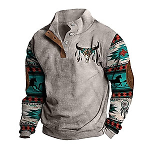 RTTUIOP Sweatshirt Jackets for Men Western Aztec Ethnic Print Vintage Top Long Sleeve Shirt Stand Collar Button Down Pullover Coat