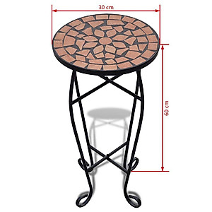 SecondBoy Terracotta Brown Finish Outdoor Side Table Patio Table Garden Plant Stand Iron Frame Scroll Leg Round Top Ceramic Random Mosaic