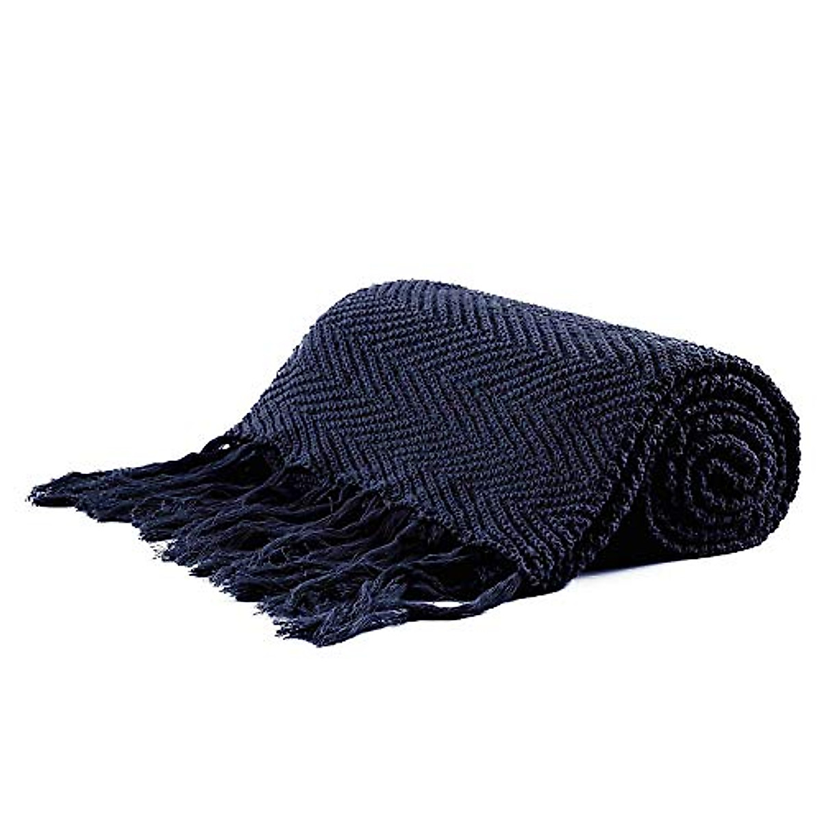 Longhui bedding Fringe Knit Cotton Throw Blanket, 50 x 60 Inch Decorative Knitted Cover with 6 Inches Tassels, Bonus Laundry Bag – 2.5lb Weight, Couch Blankets, Dark Navy Blue