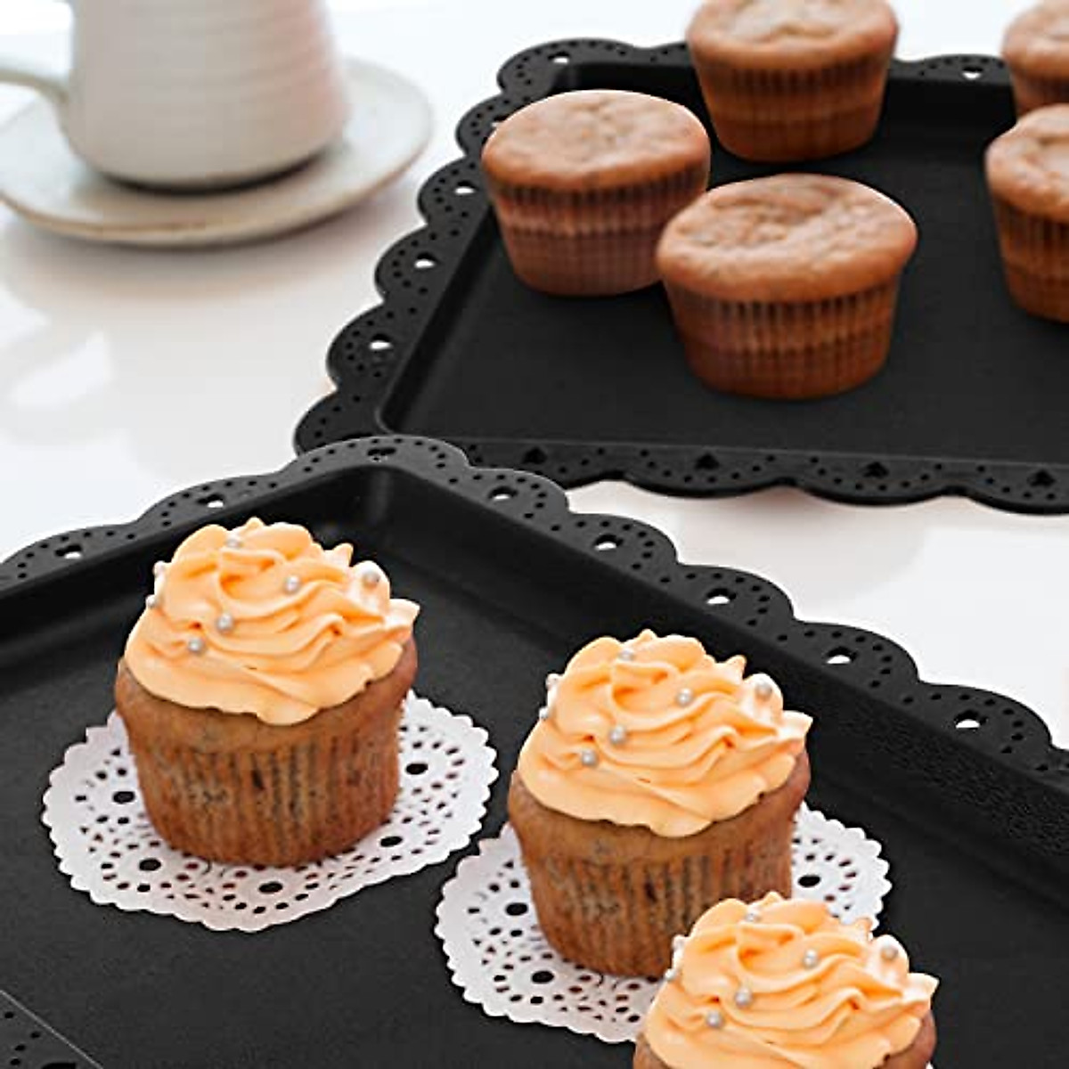 Potchen 9 Pcs Black Dessert Table Display Set Includes 6 Pcs Rectangle Cupcake Stand and 3 Pcs Round 3 Tiered Serving Tray Cake Gold