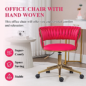 Allnifurv Home Office Chair with Hand Woven, Velvet Upholstered Desk Chair with Open Back, 360° Swivel & Height Adjustable Task Chair, Ergonomic Office Chair with Gold Base (Rose Red)