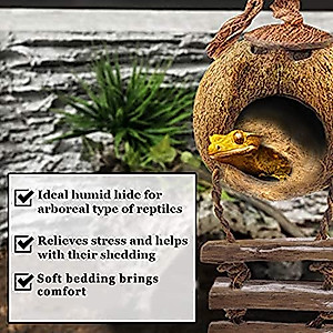 SunGrow Leopard Gecko Coconut Husk Hut with Ladder and Coco Fiber Bedding, with Shell Opening, 2.5” Opening Diameter, Cave Habitat with Hanging Loop, 1.5 oz Fiber Bedding