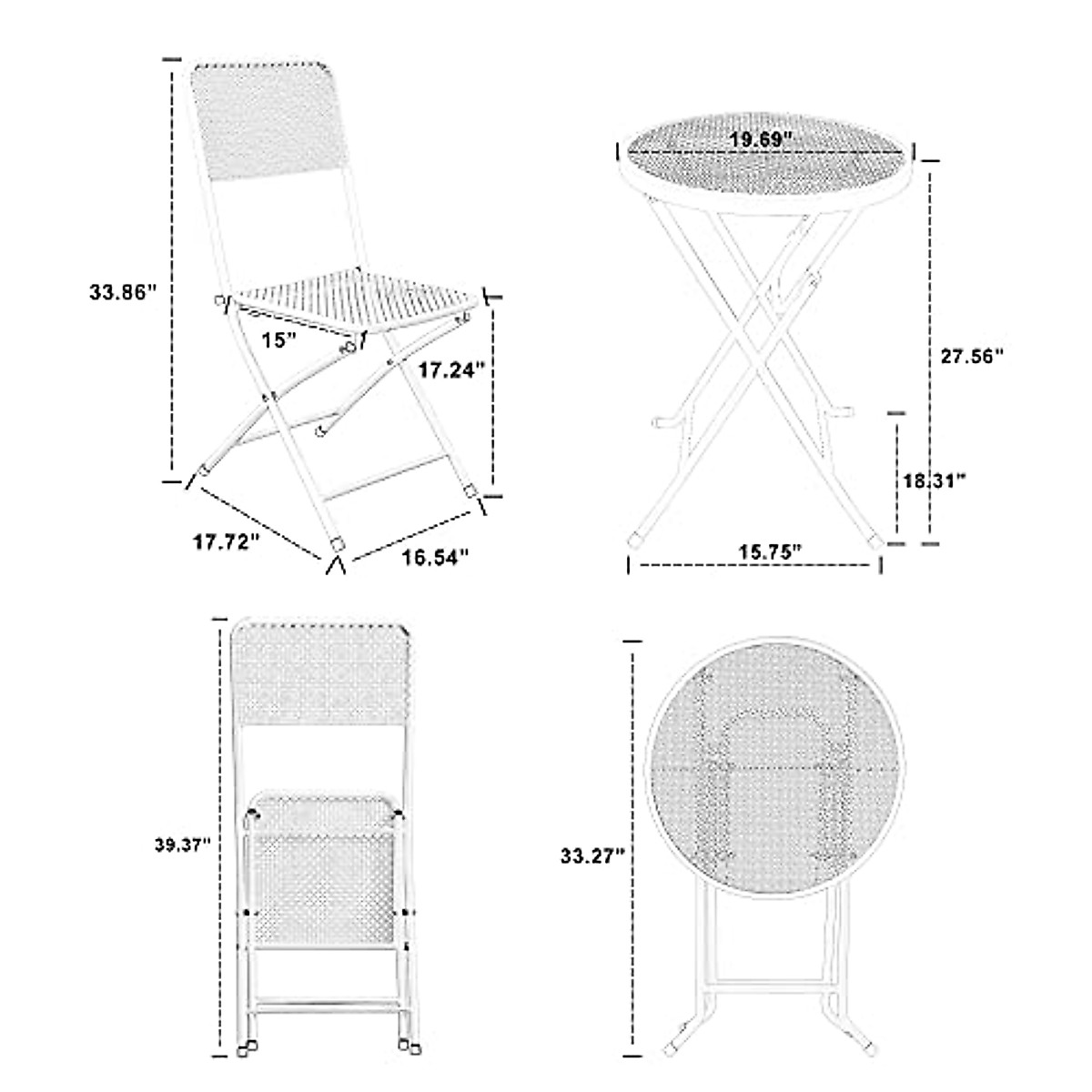 MEMAEMO 3-Piece Patio Bistro Set, Metal Folding Outdoor Patio Furniture Sets, Stainless Steel Patio Conversation Set with Folding Patio Round Table and Chairs for Yard, Garden or Balcony, White