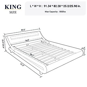 Allewie King Size LED Platform Bed Frame with Adjustable Headboard/No Box Spring Need/Easy Assembly/Faux Leather in Grey