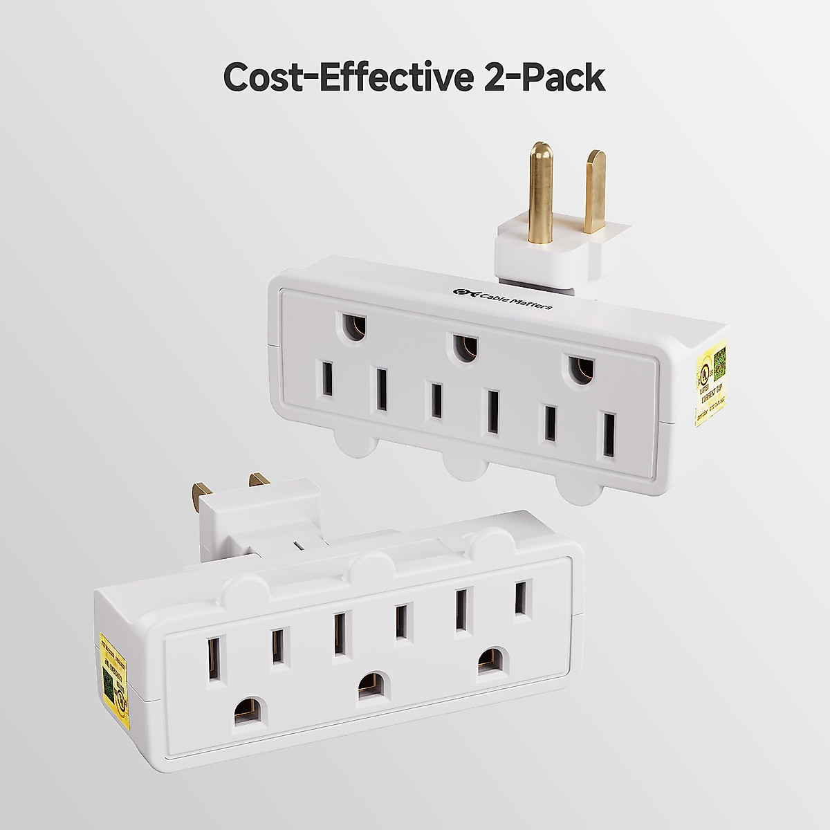 [UL Listed] Cable Matters 2-Pack 3 Outlet Grounded 180 Degree Swivel Wall Tap in White (Swivel Outlet, 3 Plug Outlet Adapter, Multi Plug Outlet, Outlet Extender)