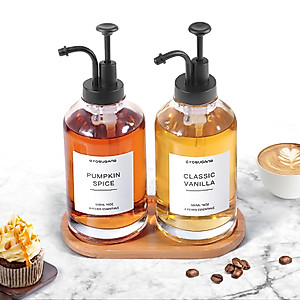 Coffee Syrup Dispenser for Coffee Bar, Set of 2 Simple Glass Syrup Bottle w 84 Labels and Bamboo Tray, 16.9 oz 500ml Syrup Pump Dispenser, Syrup Dispenser Black, Christmas Gifts