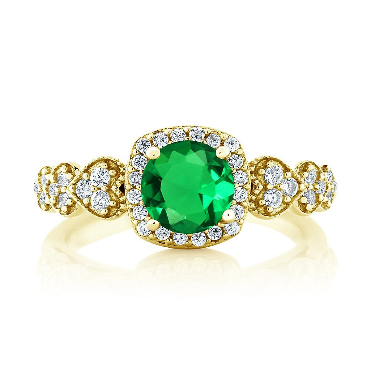 Gem Stone King 18K Yellow Gold Plated Silver Green Simulated Emerald Women Engagement Ring (1.09 Cttw, Round 6MM, Available in size 5, 6, 7, 8, 9)