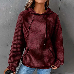 Dlongni Waffle Hoodies for Women Cute Drop Shoulder Knit Oversized Sweatshirt with Pocket Long Sleeve Drawstring Hooded Pullover