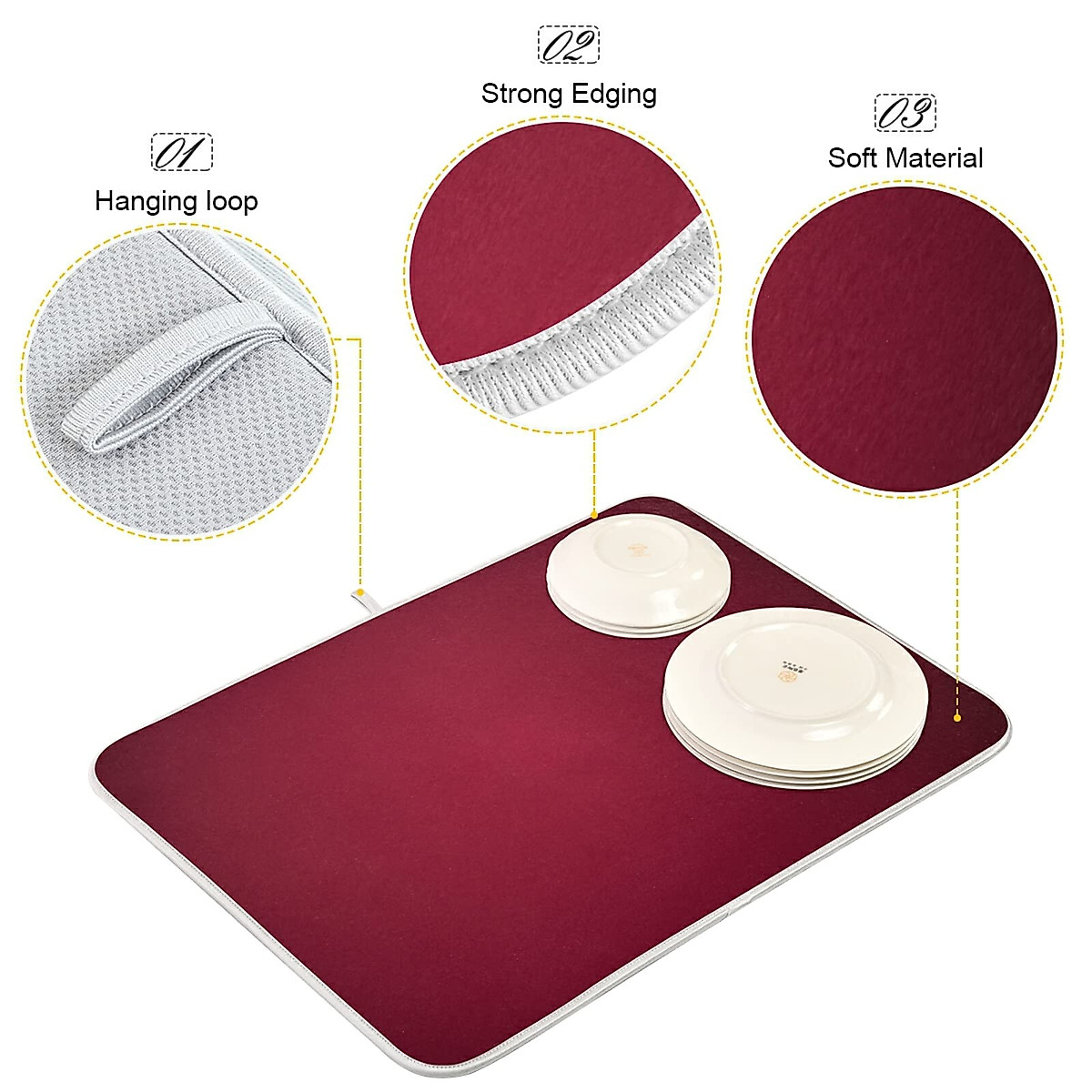 xigua Burgundy Red Solid Color Dish Drying Mat for Kitchen Counter, Absorbent Microfiber Dishes Drainer Mats, Tableware Protector Dish Drying Pad 18x24in