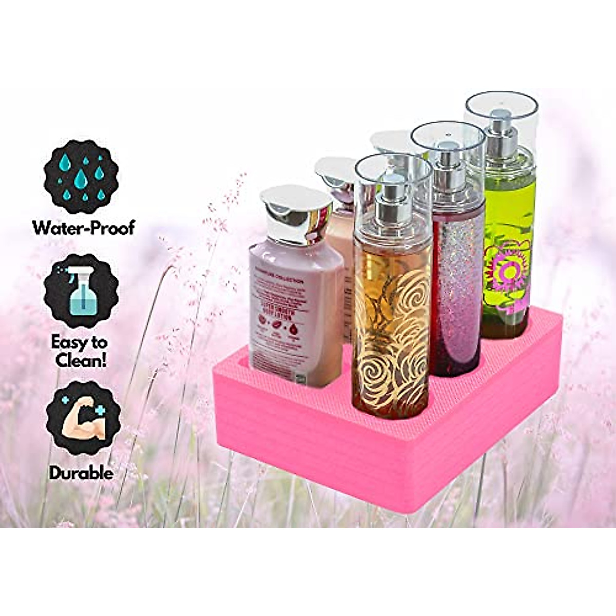 Polar Whale 2 Lotion and Body Spray Stand Organizers Tray Pink Durable Foam Washable Waterproof Insert for Home Bathroom Bedroom Office 7.5 x 6 x 2 Inches 6 Slots 2pc Pair Set