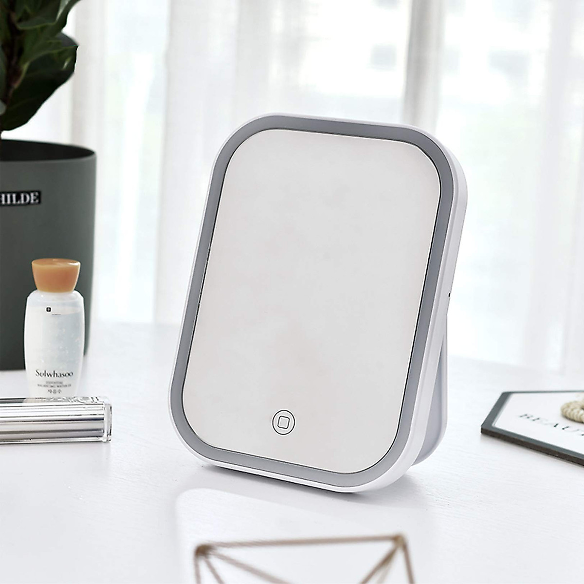 CERSLMO Makeup Mirror with Lights, Lighted Travel Vanity Mirror with 4 LED Tape-Lights, Dimmable Portable Desk Light up Cosmetic Mirror with Touch Screen Switch, Batteries or USB Operated, White