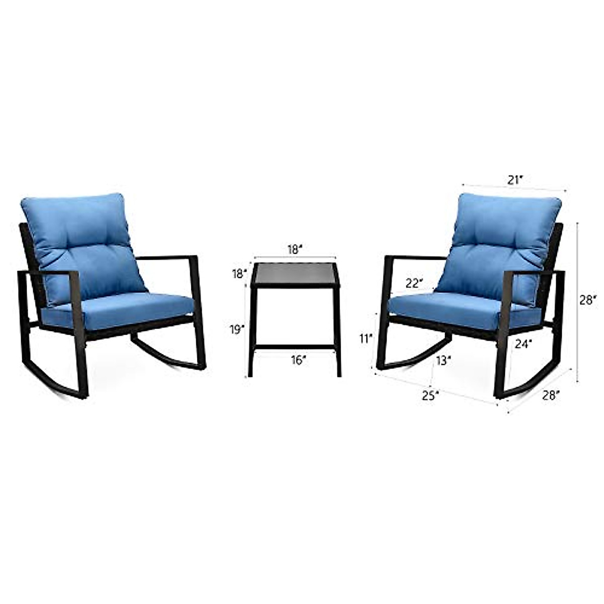 Wallowsun 3-Piece-Set Bistro Set Patio Set Outdoor Furniture with 2 Black Wicker-Top Rocking Chairs Going with Cobalt Blue Cushions and 1 Glass-Top Table for countyard,Poolside