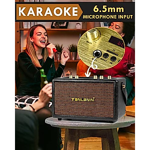 TANLANIN Vintage Bluetooth Speakers Rechargeable Portable Wireless Retro Style Leather Speakers 8H Long Playtime Bluetooth 5.0 Heavy Bass Music Player, TWS/USB/TF Slot/Remote Control/UHF Wireless Mic