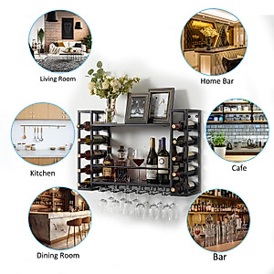 GOLASON Wall Mounted Wine Rack with Glass Holder, Metal Bottle Holder Wine Storage Display Rack for Home Bar Dining Room Kitchen (31.5 Inch, Black)