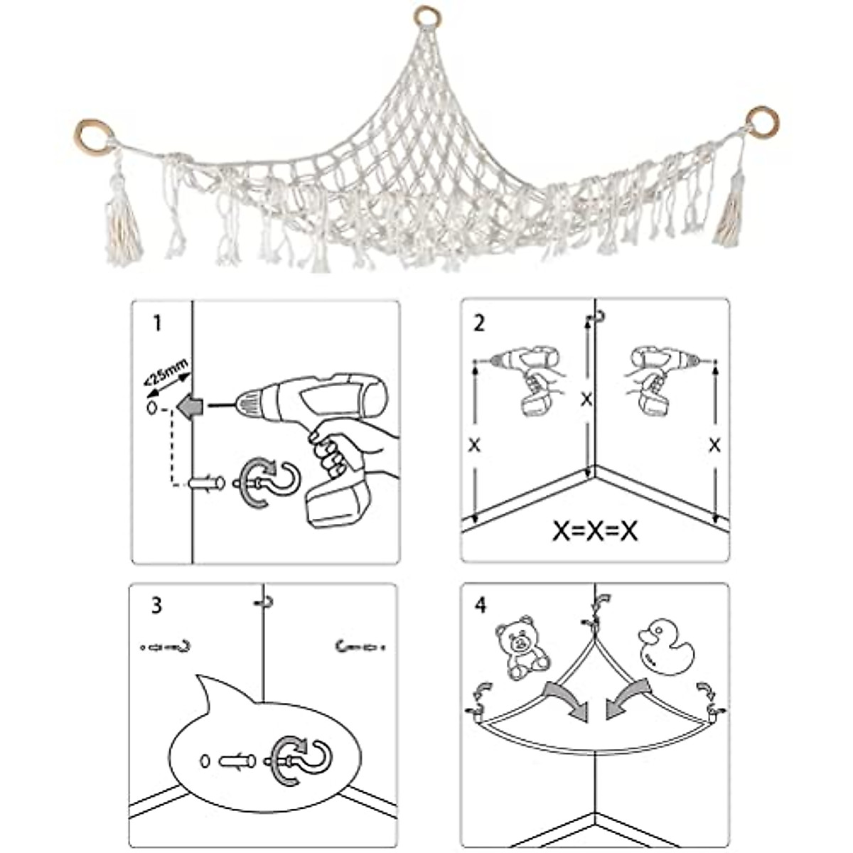 Enfudid Large Stuffed Animal Toy Hammock, 47 inch Toy Hammock Organizer for Stuffed Animal Display Corner Plush Toys Net Holder Boho Decor for Nursery Playroom Bedroom Kids Room Storage