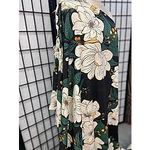 Camellia Flower Print Linen Rayon - Green/Gold/White - Fabric by The Yard