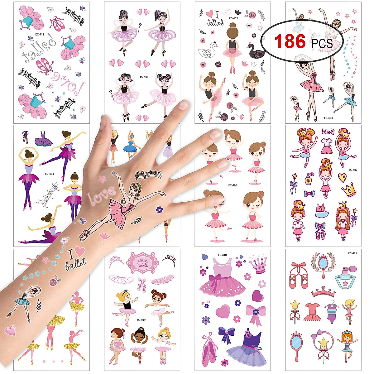 Konsait 186pcs Kids Tattoo Kits, Fake Waterproof Temporary Tattoos Ballet Girls Tattoos for Children's Birthday Party Bags Filler Gift Birthday Party Favors,Dancing Girl Tiara Rose Star LOVE