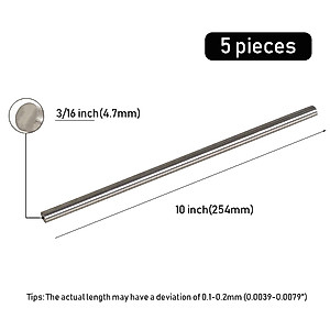Tynulox 5Pcs 304 Stainless Steel Round Rod, 3/16" Diameter 10" Length Metal Solid Shaft Rods for Industry, Metal Working Hobbies and DIY Craft