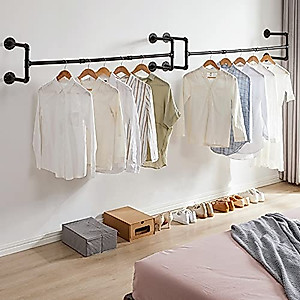 IBUYKE Industrial Pipe Clothes Rack, 50'' Wall Mounted Closet Bar, Heavy Duty Closet Clothes Rod, Multi-Purpose Hanging Rod for Closet Storage (4 Bases) TYJ002H