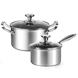 Stainless Steel Pots and Pans 4Pcs Nonstick Pot Set 1.5QT Saucepans&2.6QT Stockpots with Glass Lids, Dishwasher and Oven Safe, Works on Induction and Gas Cooktops