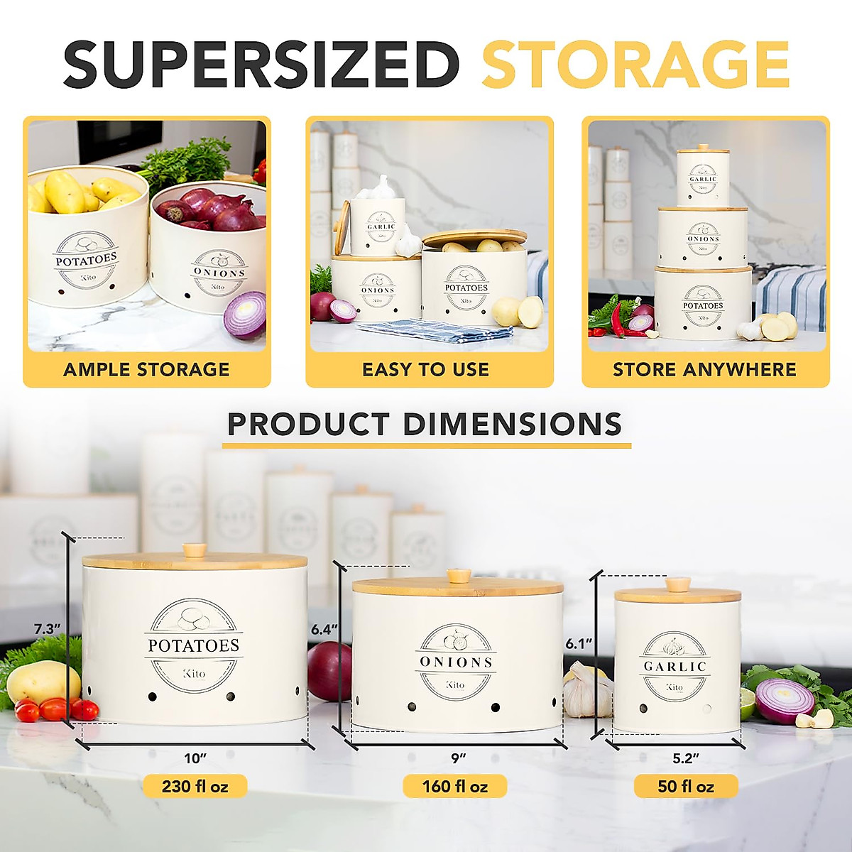 Kito LIVING Canister Sets For Kitchen Counter, 3 Piece Garlic Potato Onion Keeper Kitchen Canisters for Pantry Organization and Storage Bins with Wooden Bamboo Lids, Kitchen Organization (Cream)