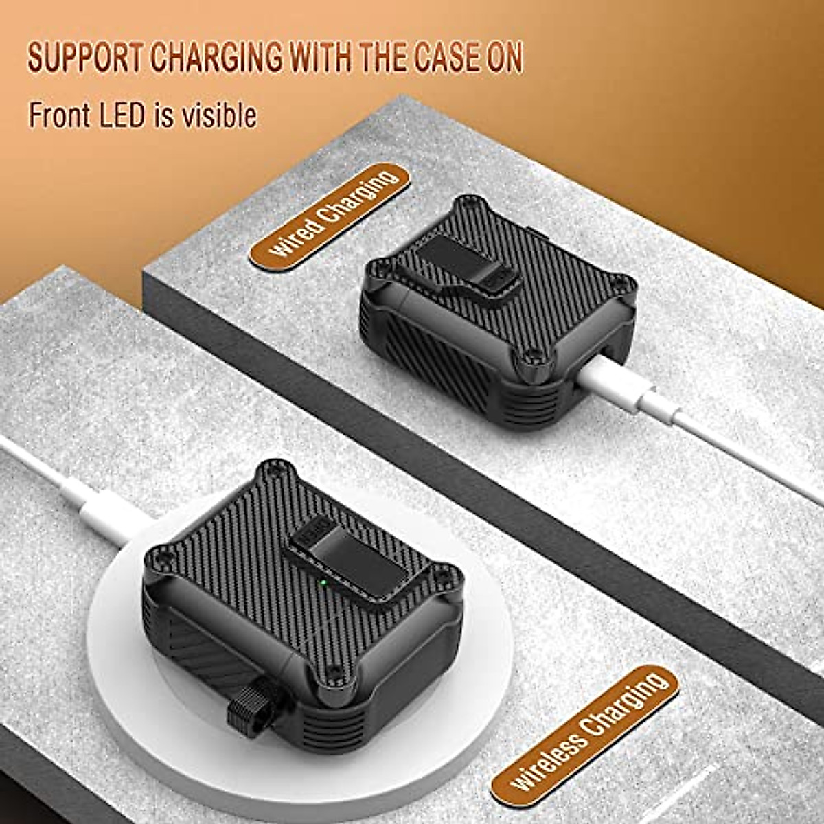 R-fun Airpods Case Cover with Automatic Secure Lock Clip, Protective Rugged Hard Shell for Apple Airpods 2nd & 1st Generation Charging Case with Carbon Fiber Keychain-Black