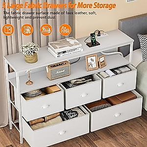 Furologee White TV Stand for Bedroom with Outlet for 55" TV, Long 45" Console Sofa Table with 5 Drawers, Entryway Table with Storage Shelves, Tall Entertainment Center for Living Room, Hallway