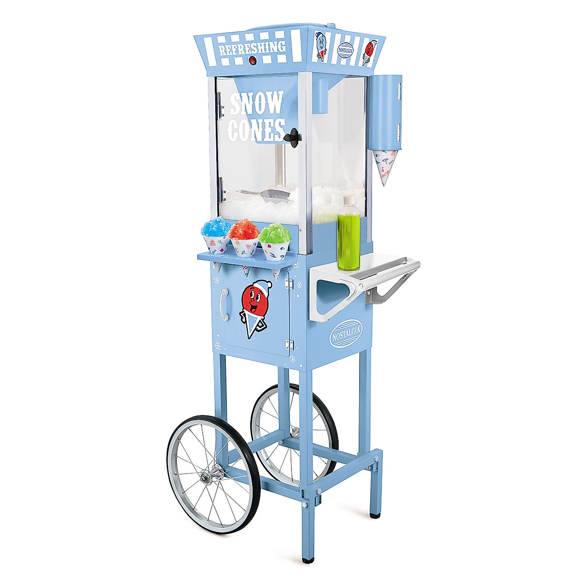 Nostalgia Snow Cone Shaved Ice Machine - Retro Cart Slushie Machine Makes 72 Icy Treats - Includes Metal Scoop, 2 Syrup Bottles, 100 Paper Cups/Spoons, Storage Compartment, Wheels - Blue, 54" Tall