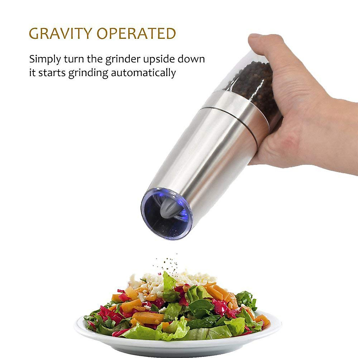 Gravity Electric Pepper Grinder, Salt and Pepper Mill & Adjustable Coarseness, Battery Powered with LED Light, One Hand Automatic Operation, Stainless Steel (Single/Silver)