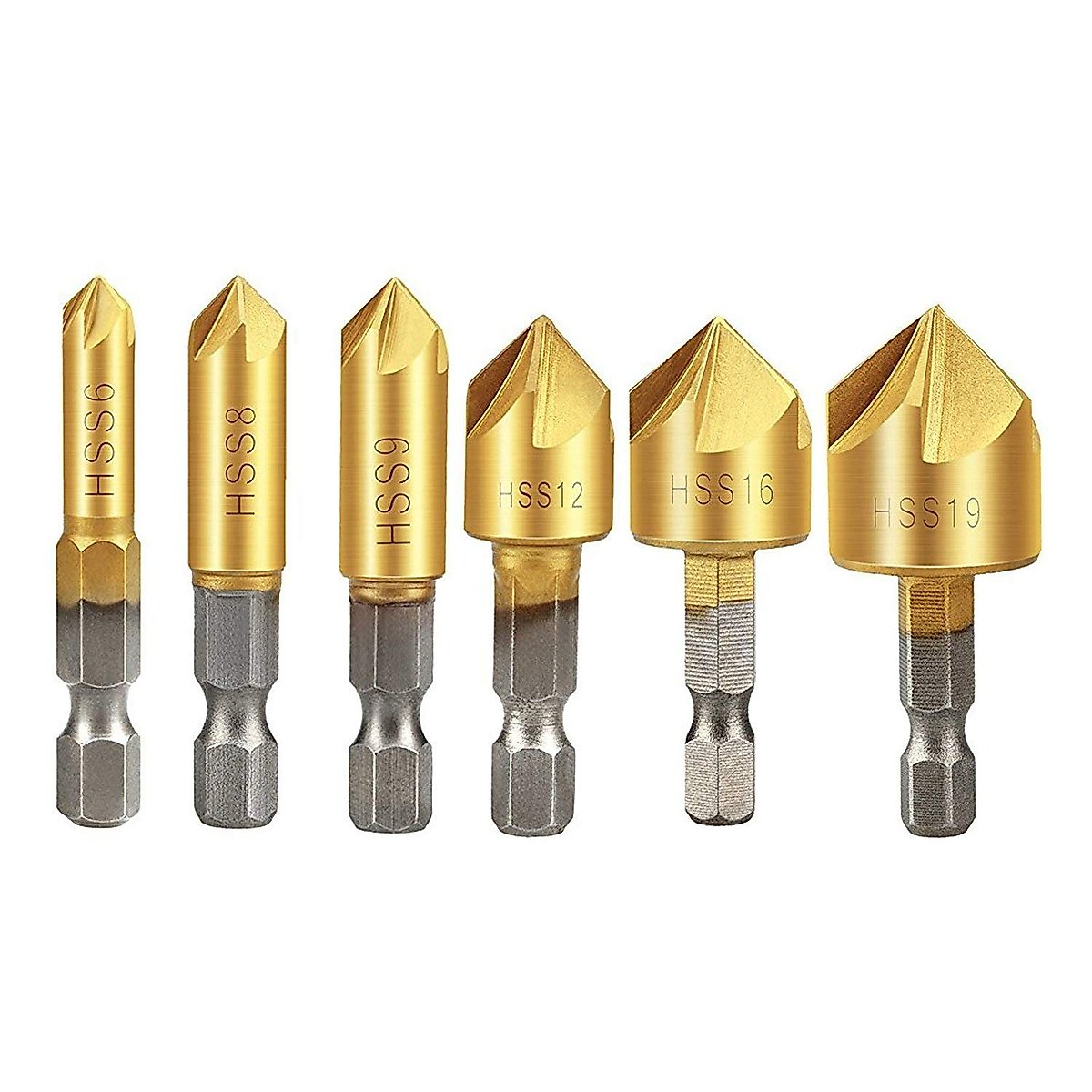 Countersink Drill Bit Set, Aplus HSS Countersink Drill Bit Set Hex Shank HSS Counterbore Reamer Countersink Chamfer Countersink Bit Set 6Pcs 5 Flute 90 ° Meter for Wood 1/4'' 6mm-19 mm