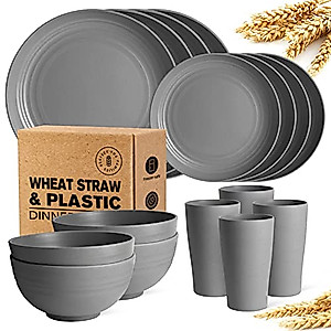 Teivio 16-Piece Kitchen Plastic Wheat Straw Dinnerware Set, Service for 4, Dinner Plates, Dessert Plate, Cereal Bowls, Cups, Unbreakable Plastic Outdoor Camping Dishes, Grey