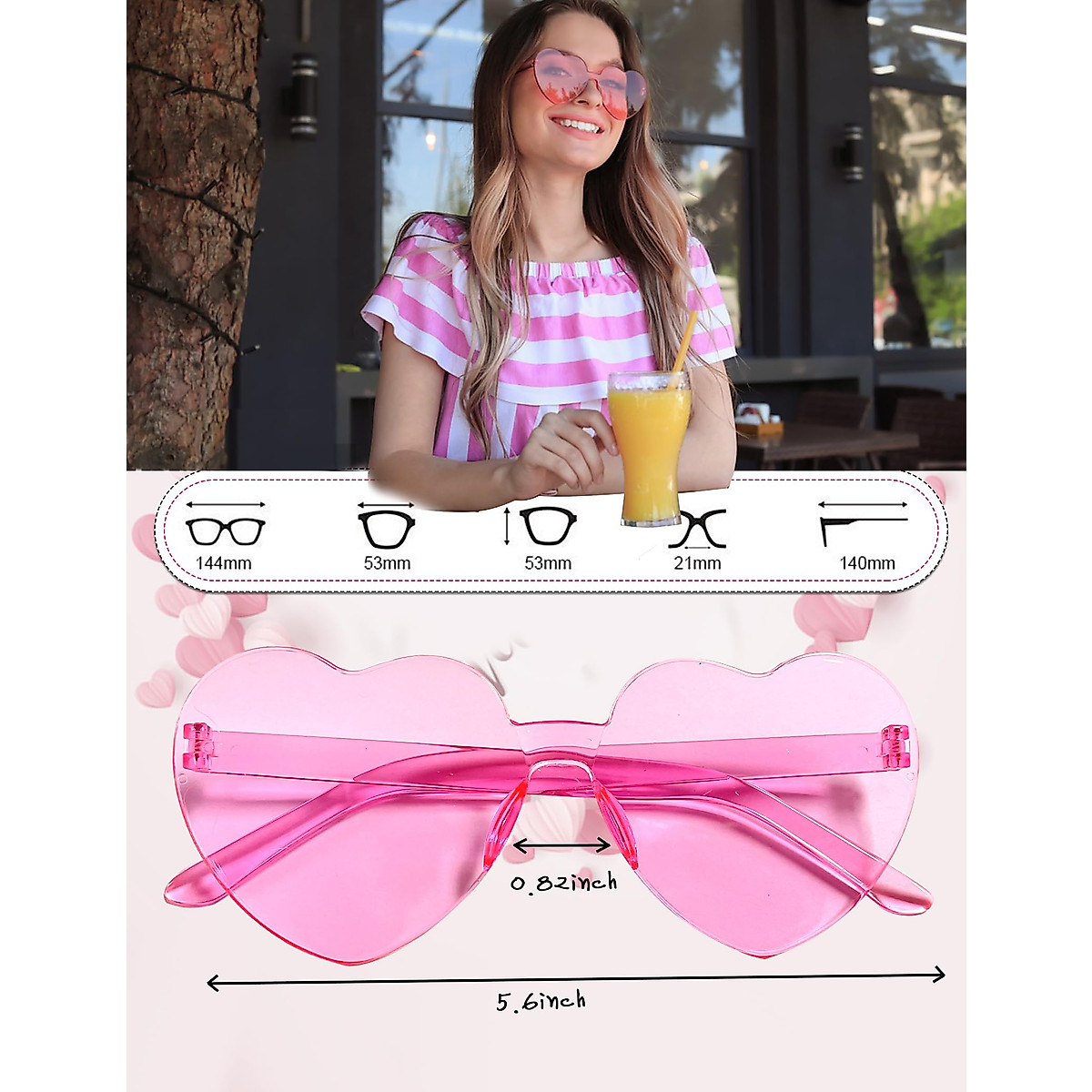 MIUSKATL 18 Pairs Heart Sunglasses, Rimless Heart Shaped Sunglasses Pack, Bulk Heart Sunglasses for Women, Colored Party glasses (Pink)
